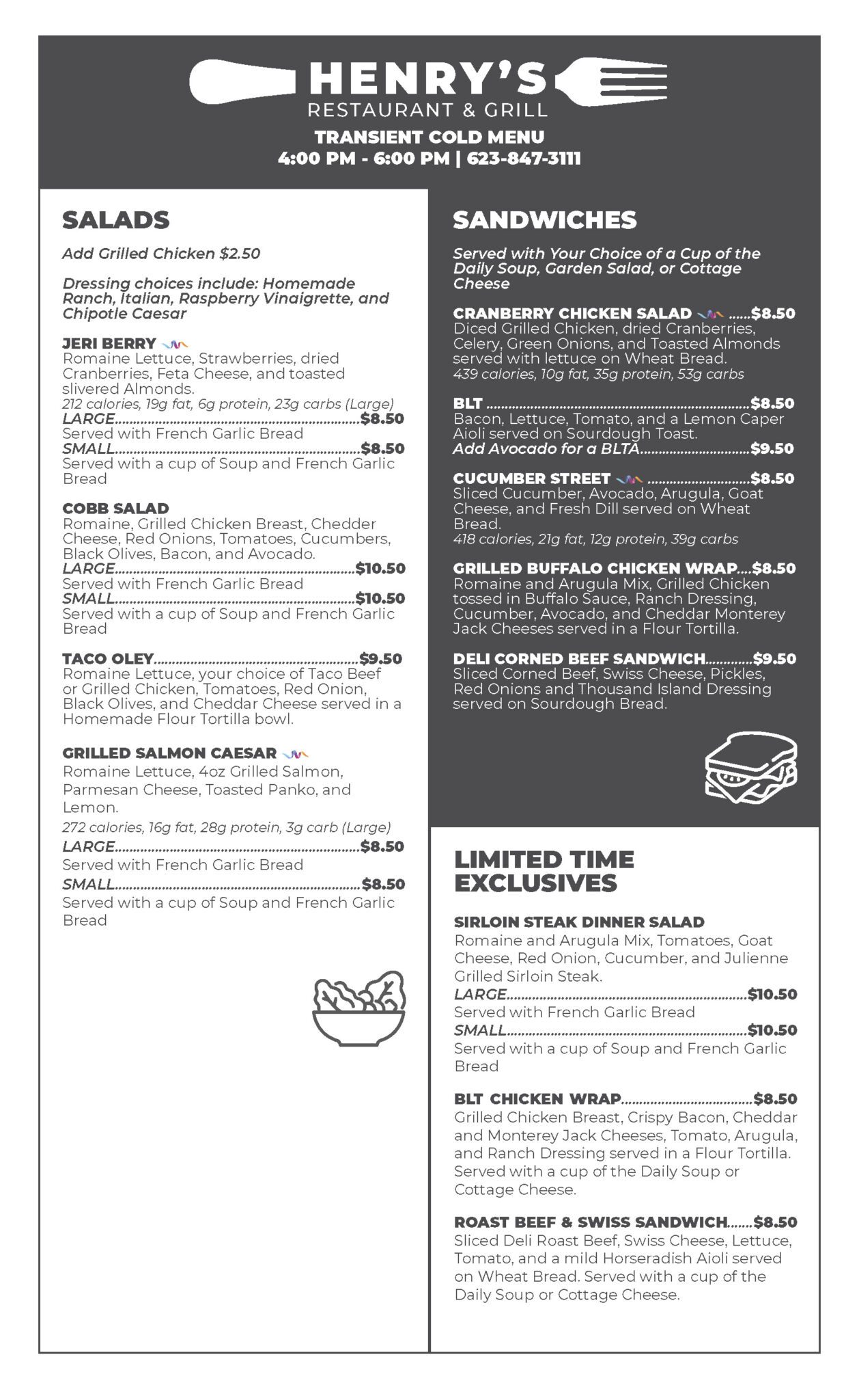 Henry's Transient Cold Menu | Glencroft Living
